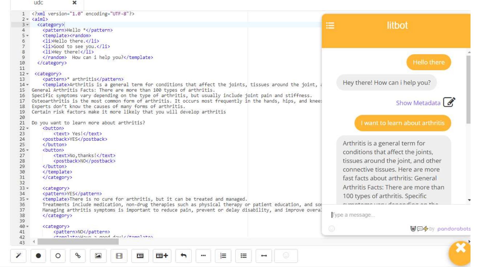 The left side of the image shows the aiml language code that