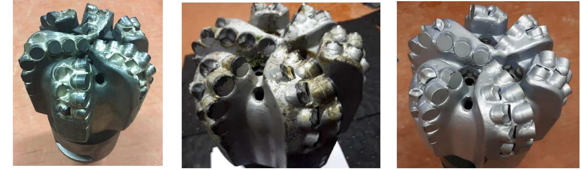 From left to right, photographs of conventional pdc bit with