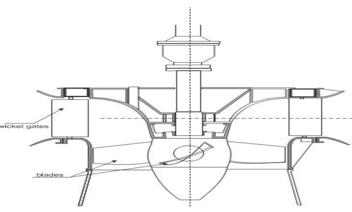 Kaplan turbine with double-regulated guide vanes 3. design