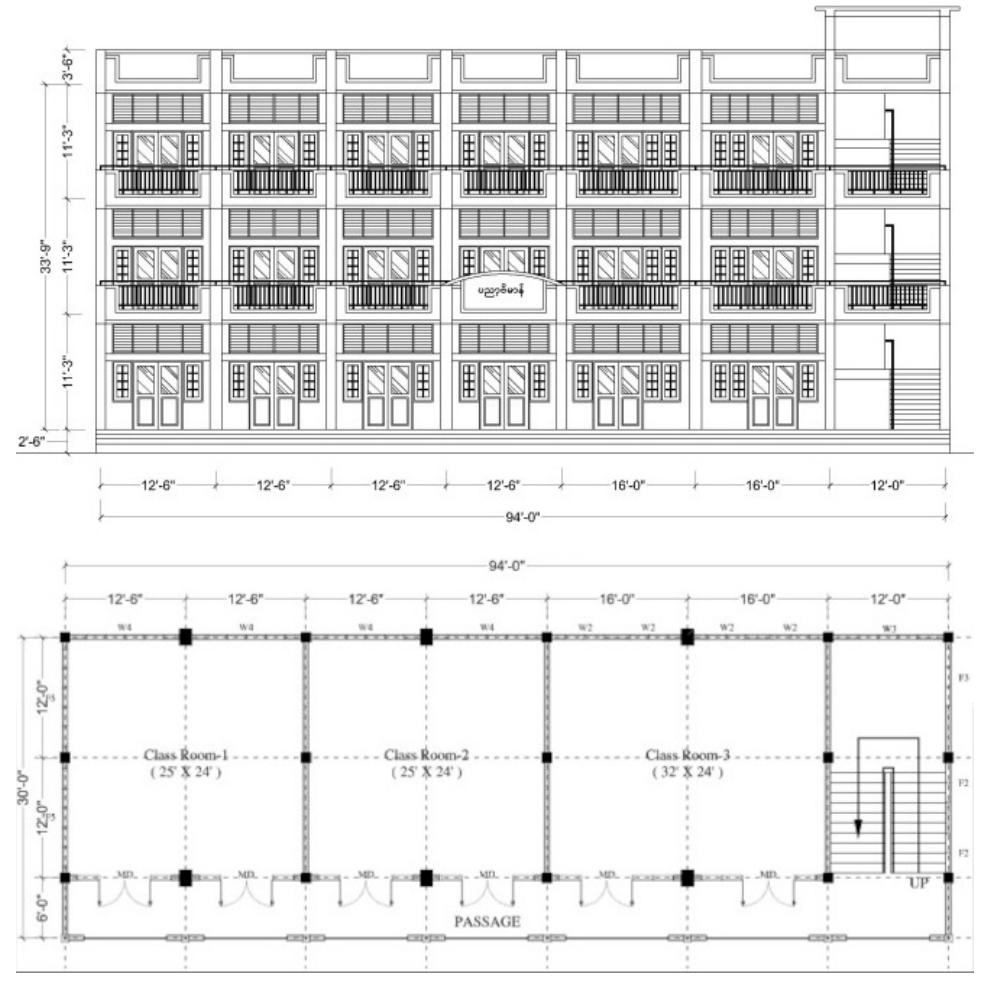 Elevation and plan view of the school building. performance