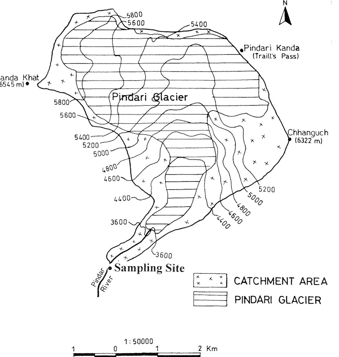 Drainage map of pindari glacier showing sampling site. the