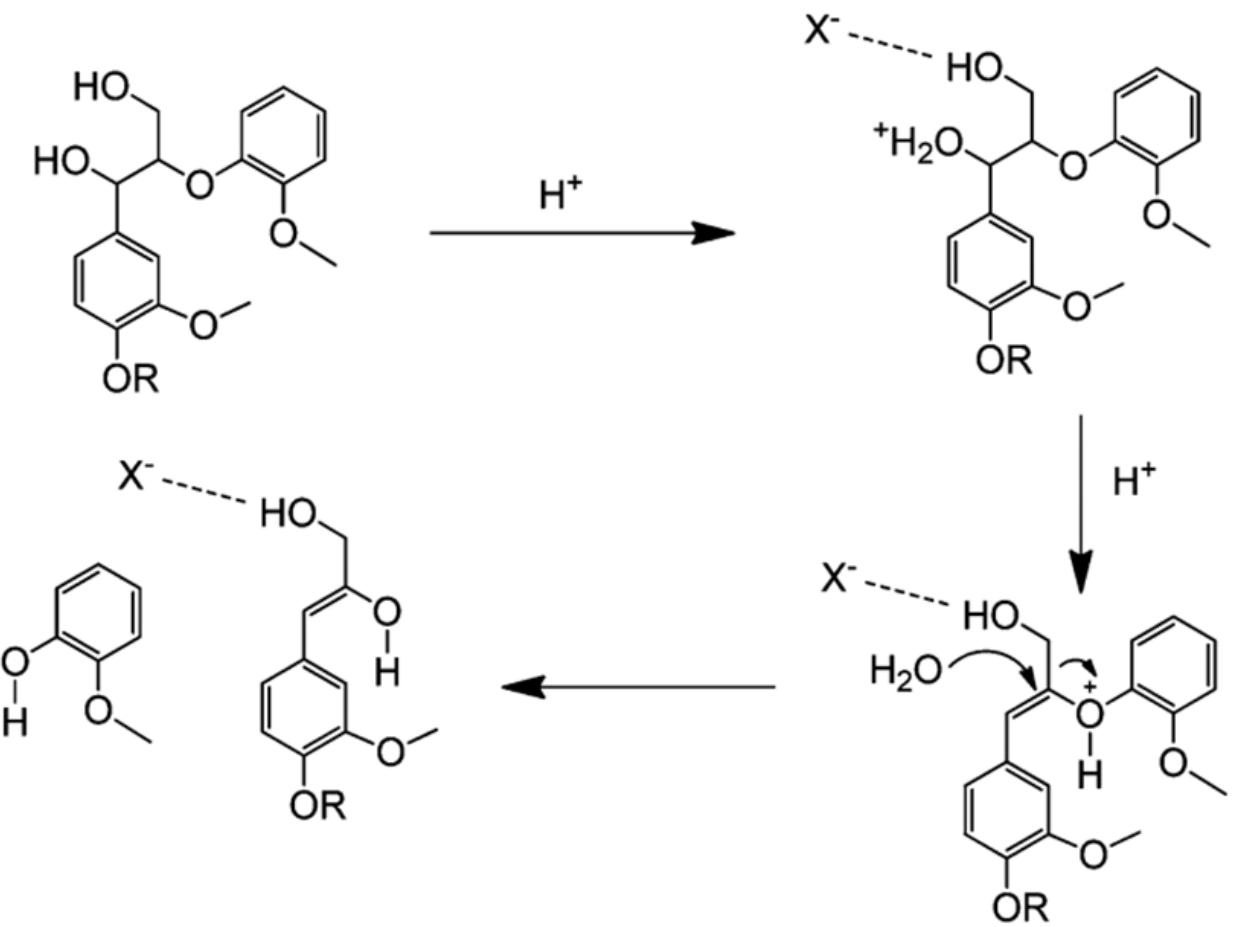 Schematic reaction mechanism of depolymerization of lignin