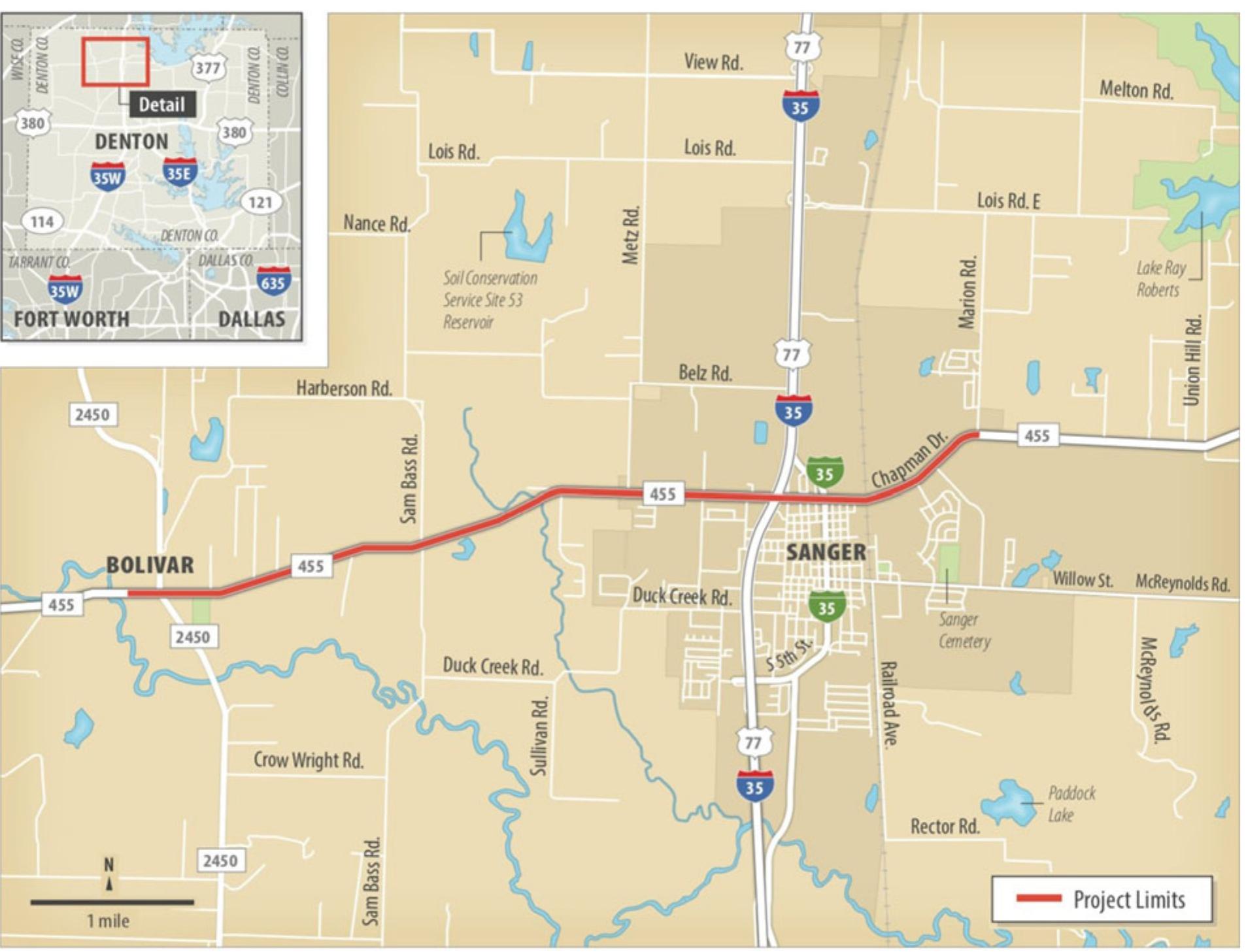 Map of broader txdot road project encompassing fm 455.