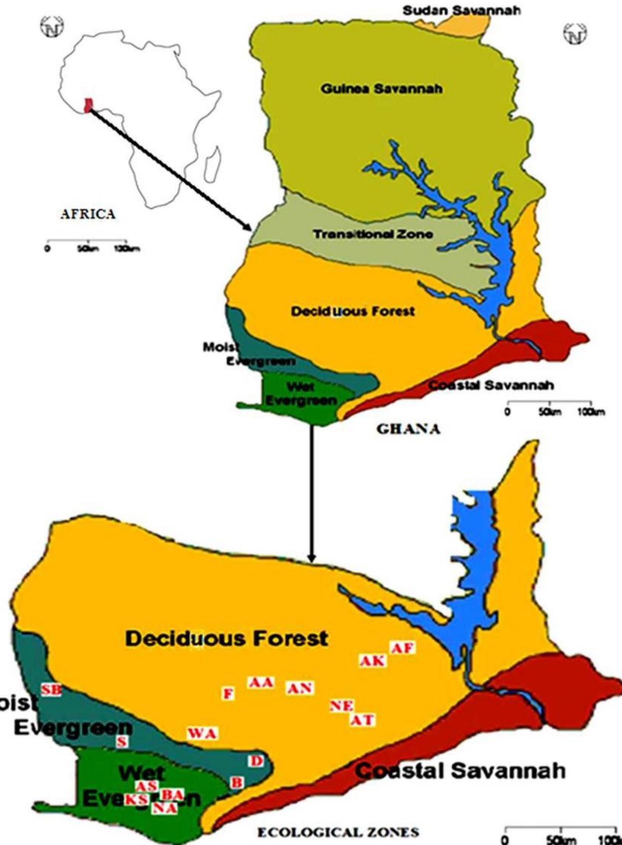 A map of africa showing the location of ghana with the seven