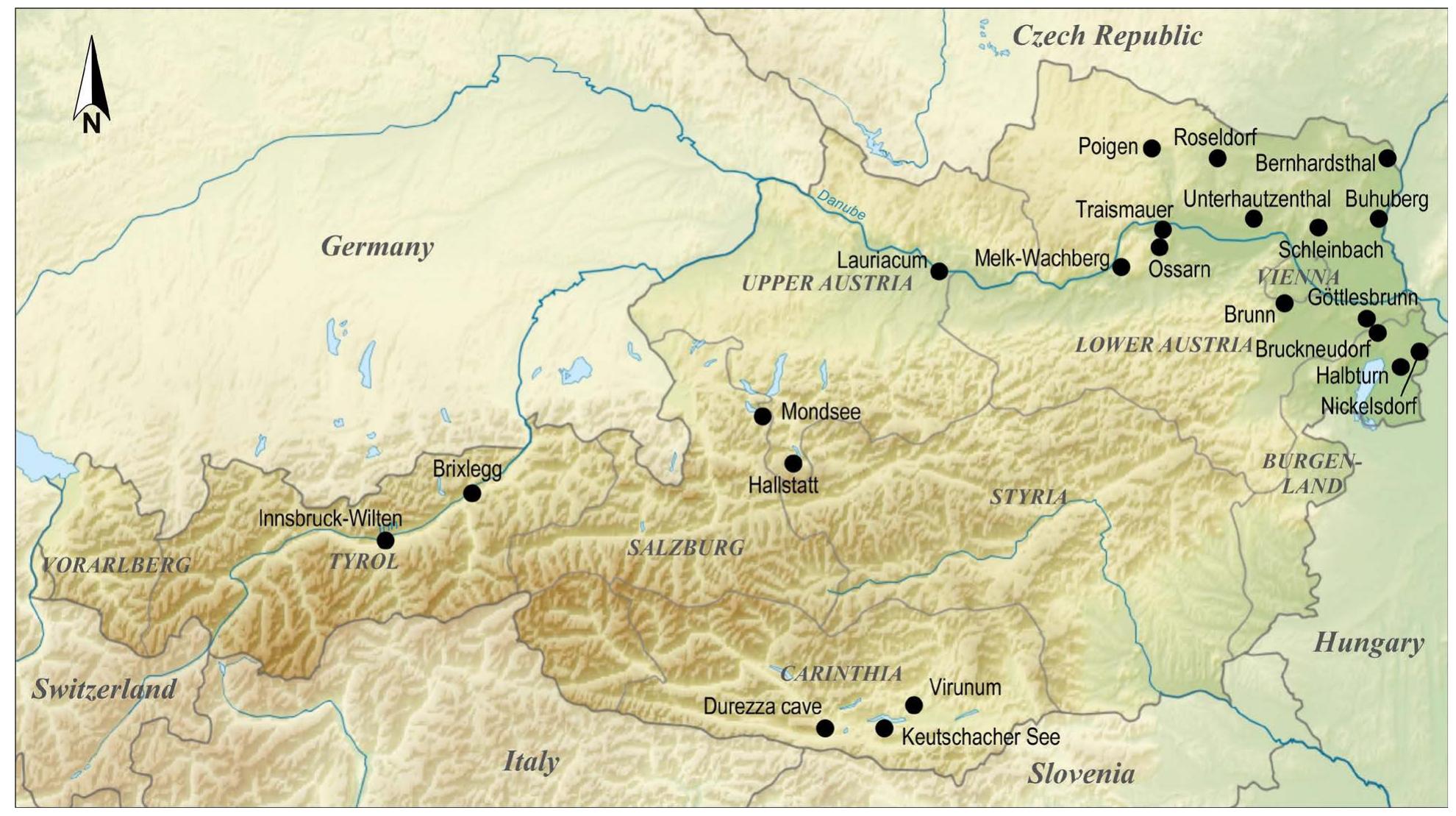 Relief map showing the sites with investigated dog remains,
