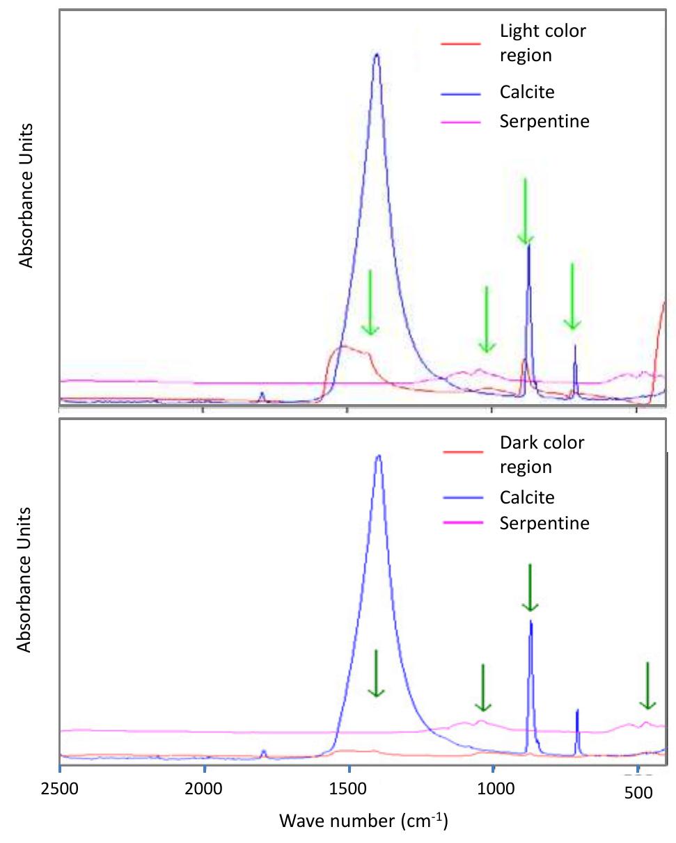 Typical ftir spectra of the light and dark zones of the