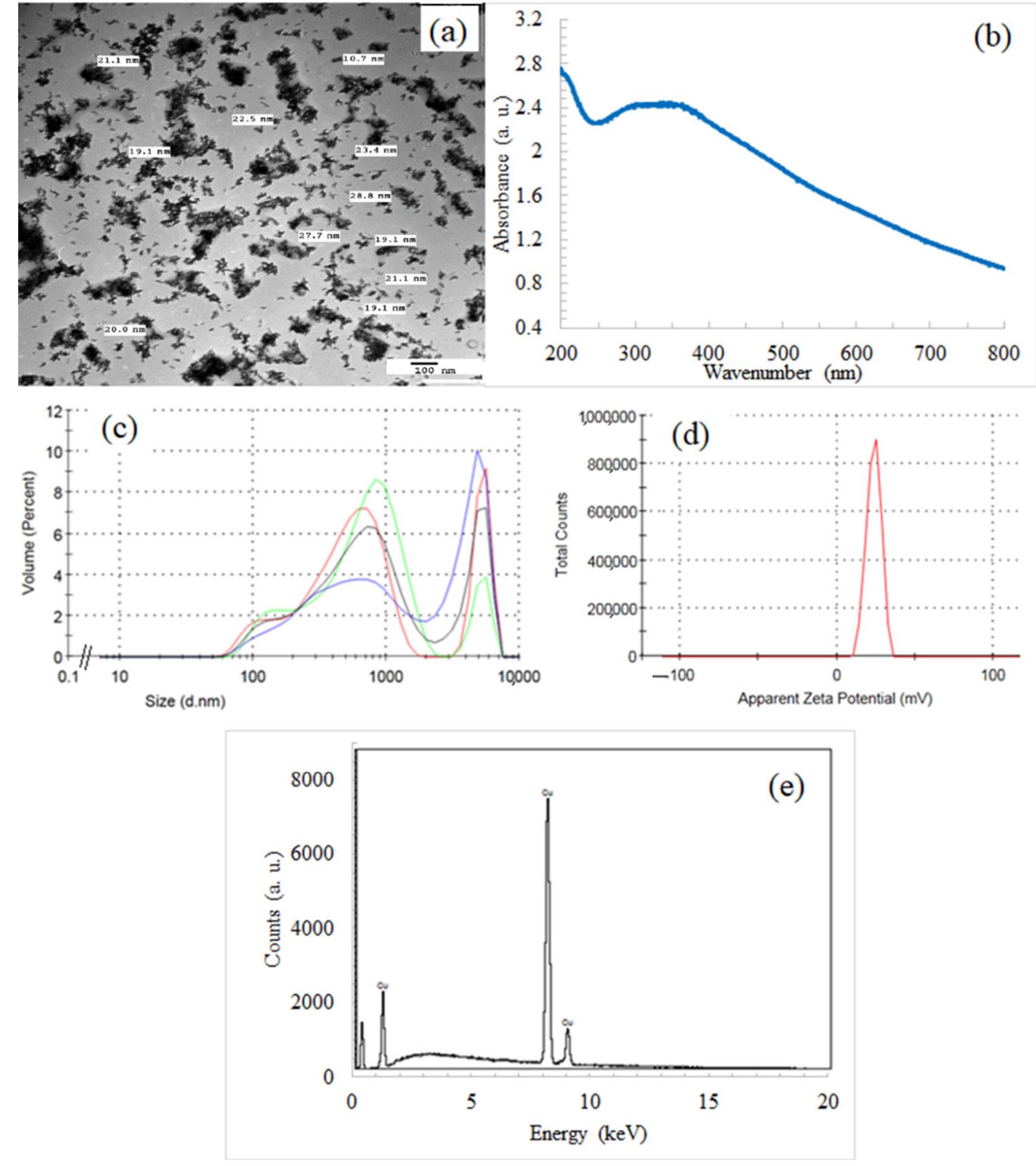 Tem image (a), uv-vis absorption (b), dls (c), zeta