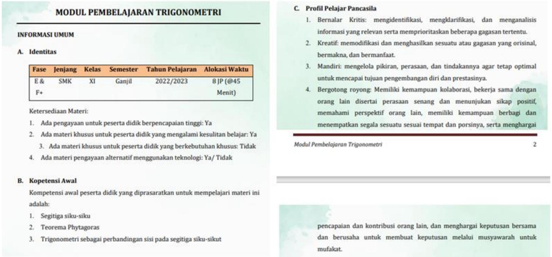 Modules in the format for merdeka curriculum merdeka