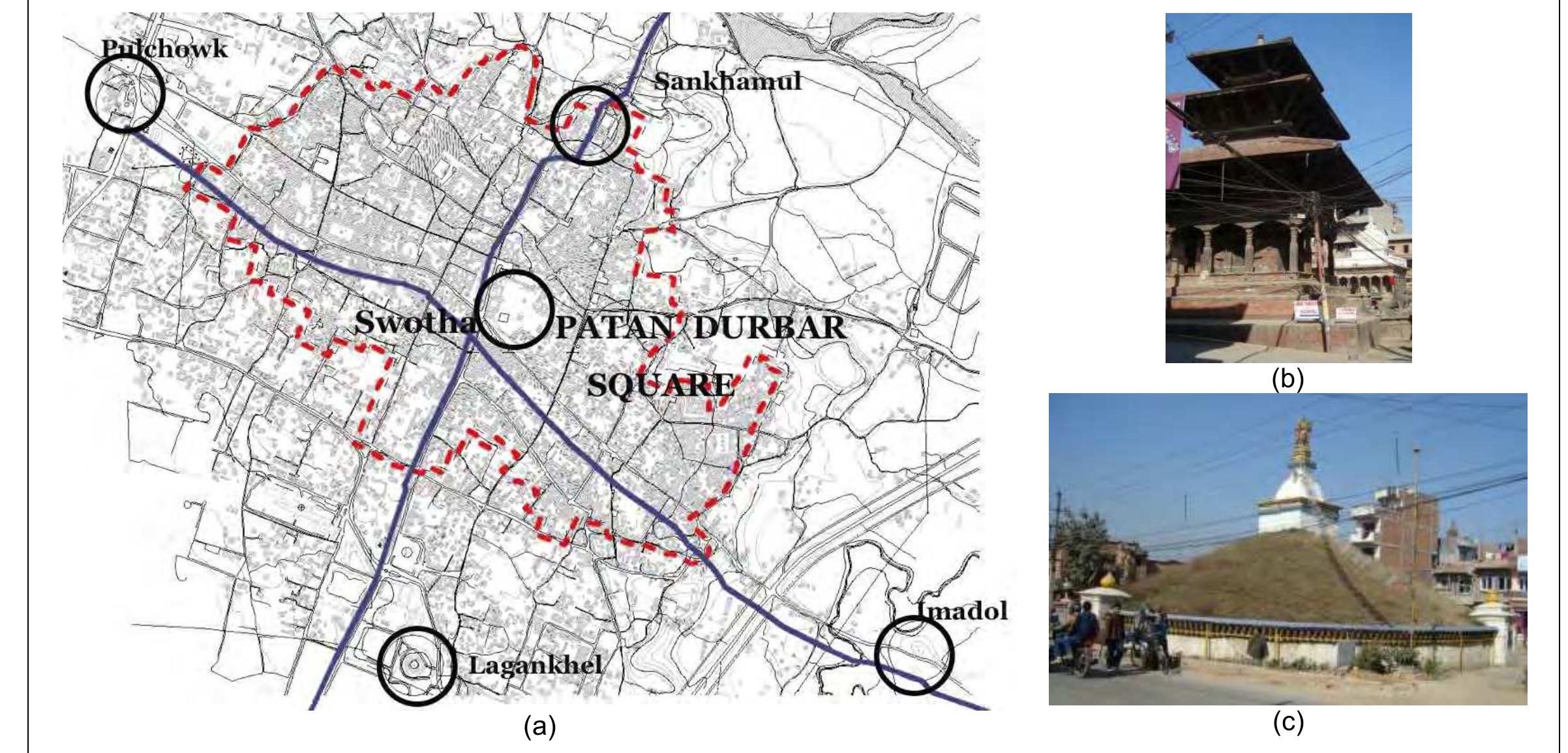(a) map annotating layout of patan in kathmandu valley, (b)