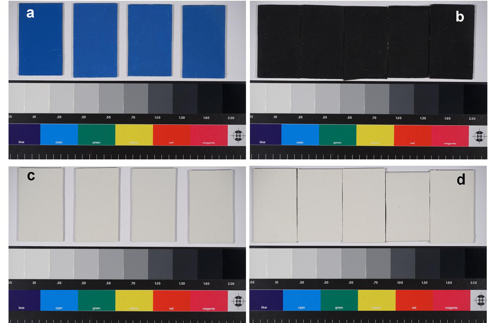 Pre-varnished mock-ups (5 cm x 3 cm): (a) cerulean blue; (b)