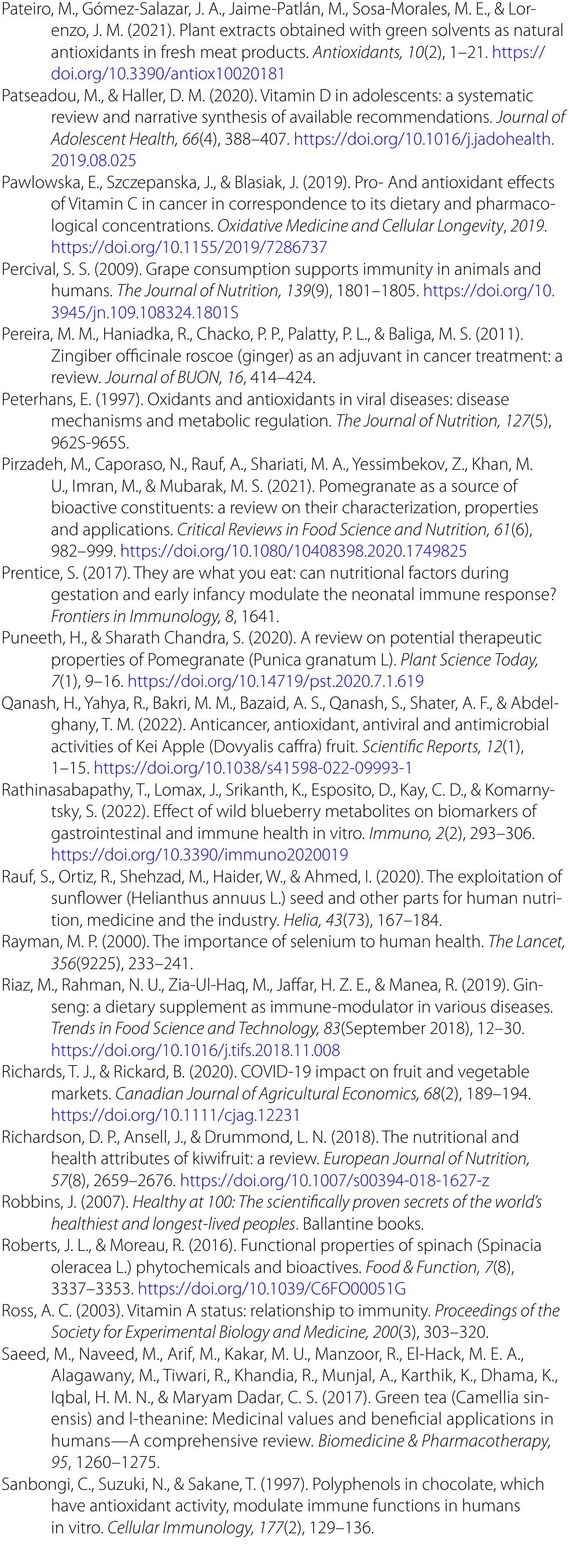 Table 8 - Immune boosting functional components of natural