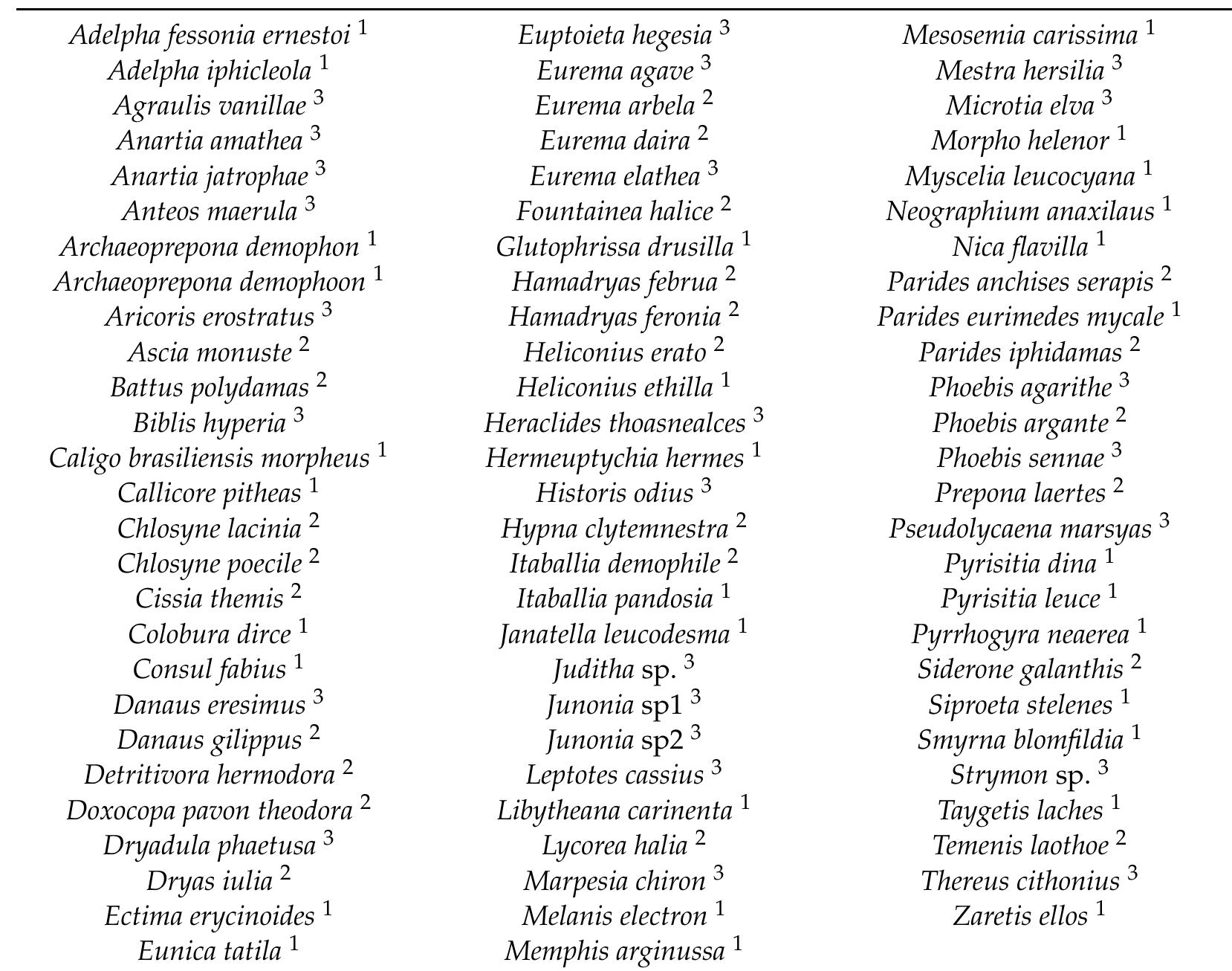 List of diurnal butterfly species identified in the coraza