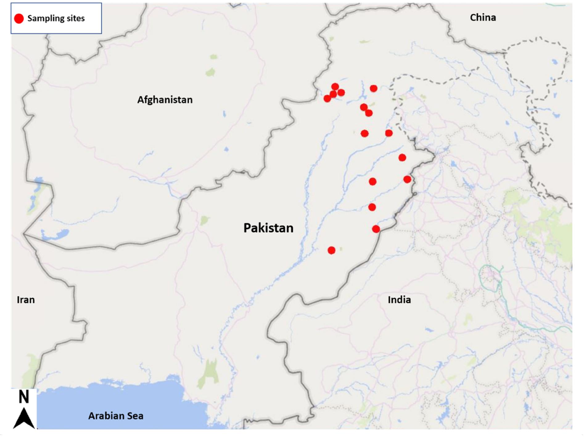 Geographic map of pakistan showing sampling sites for karnal