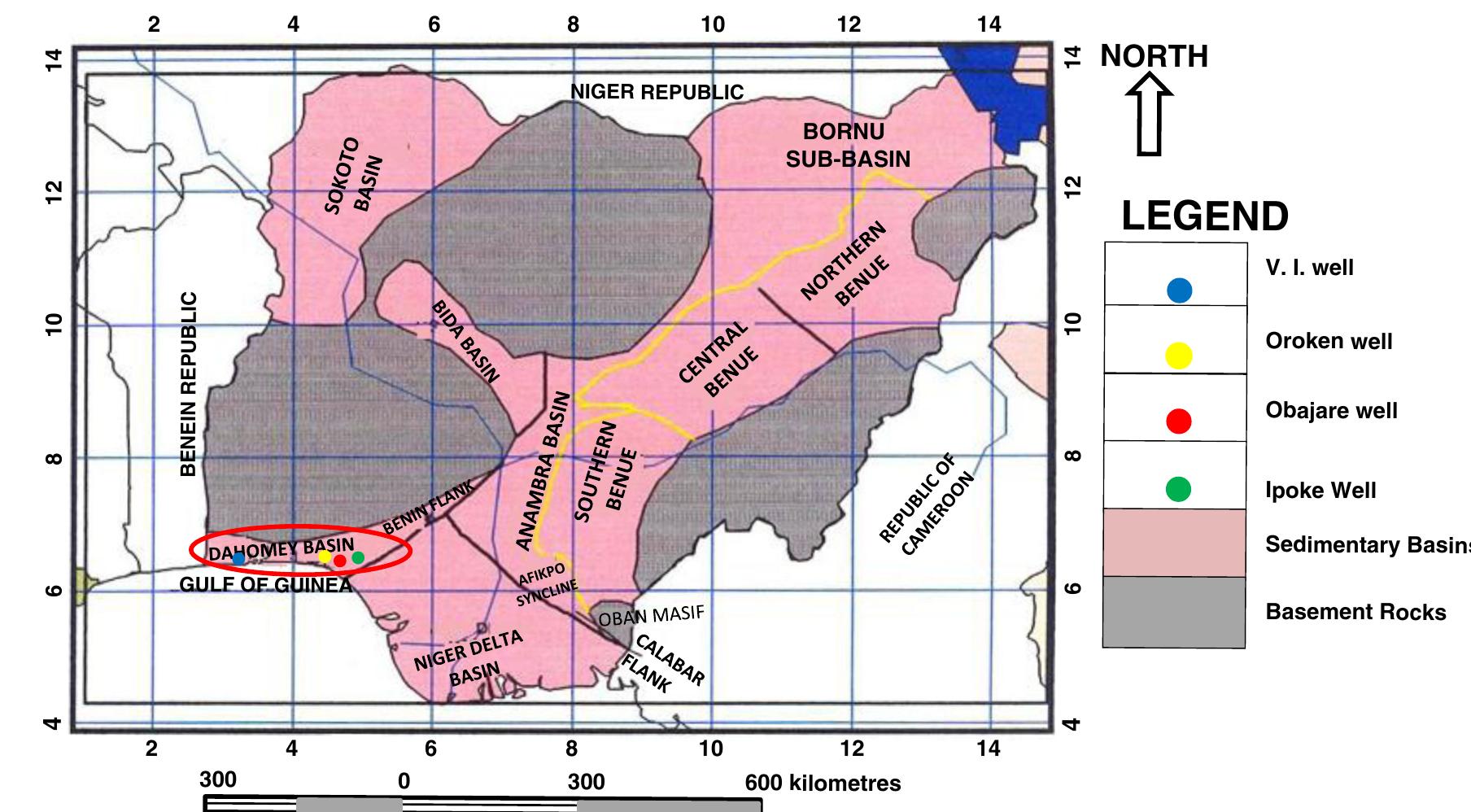 Geologic map of nigeria showing the well sites where the