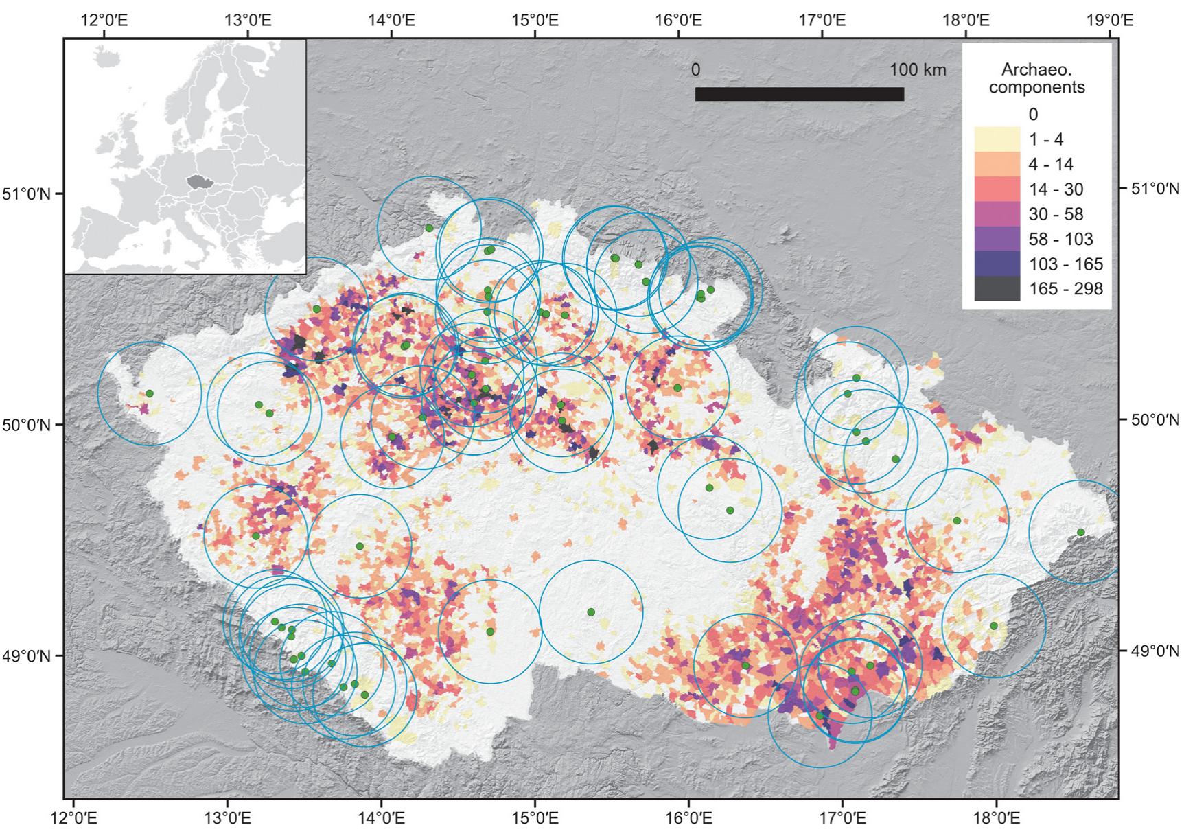 Map showing the locations of pollen profiles (green symbols)