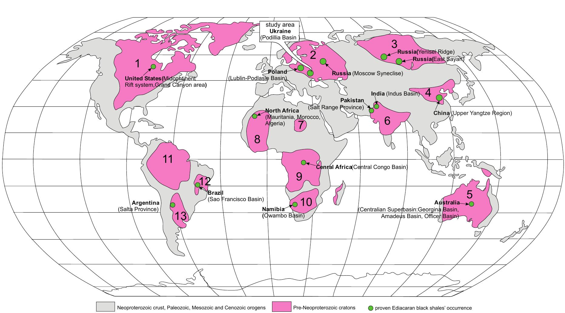 Global distribution of ediacaran black shales (map of