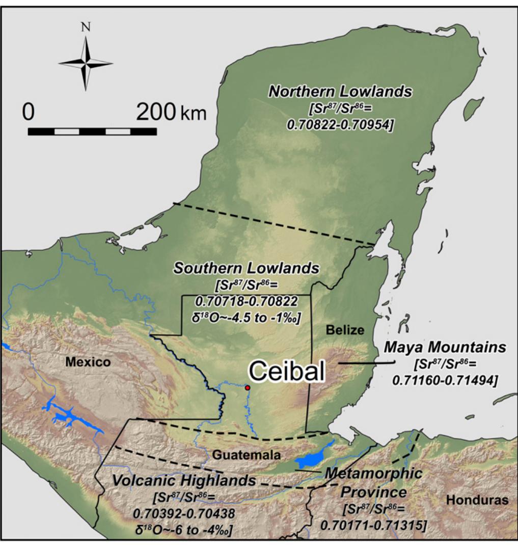 Map of the maya region with strontium and oxygen isotope