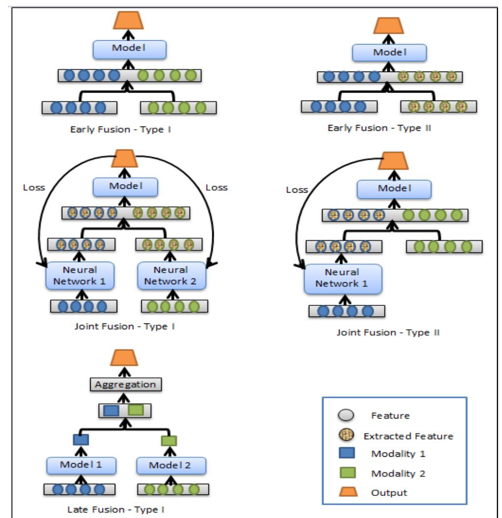 The types of multimodal fusion.
