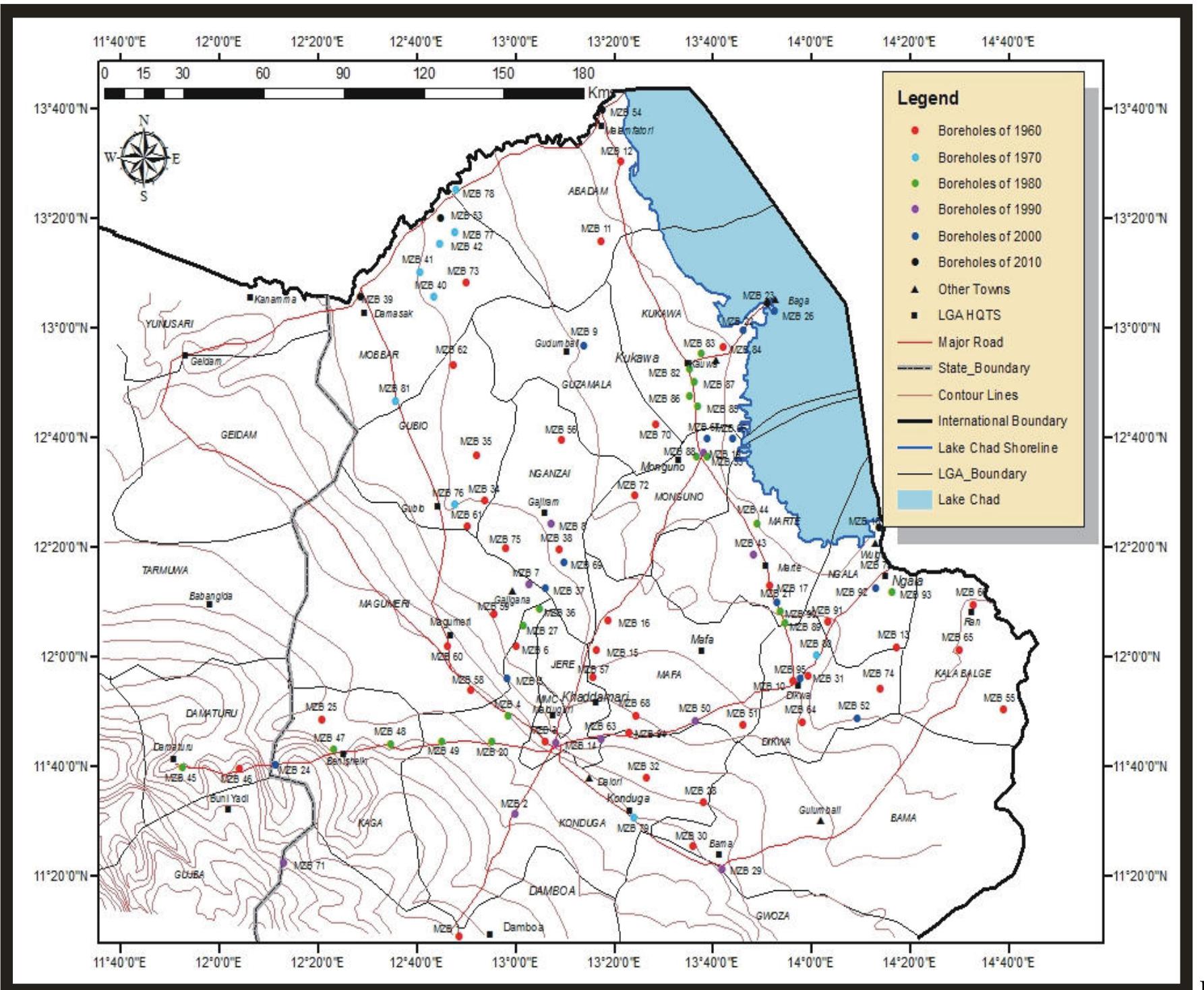 1: map of the study area showing boreholes tapping the
