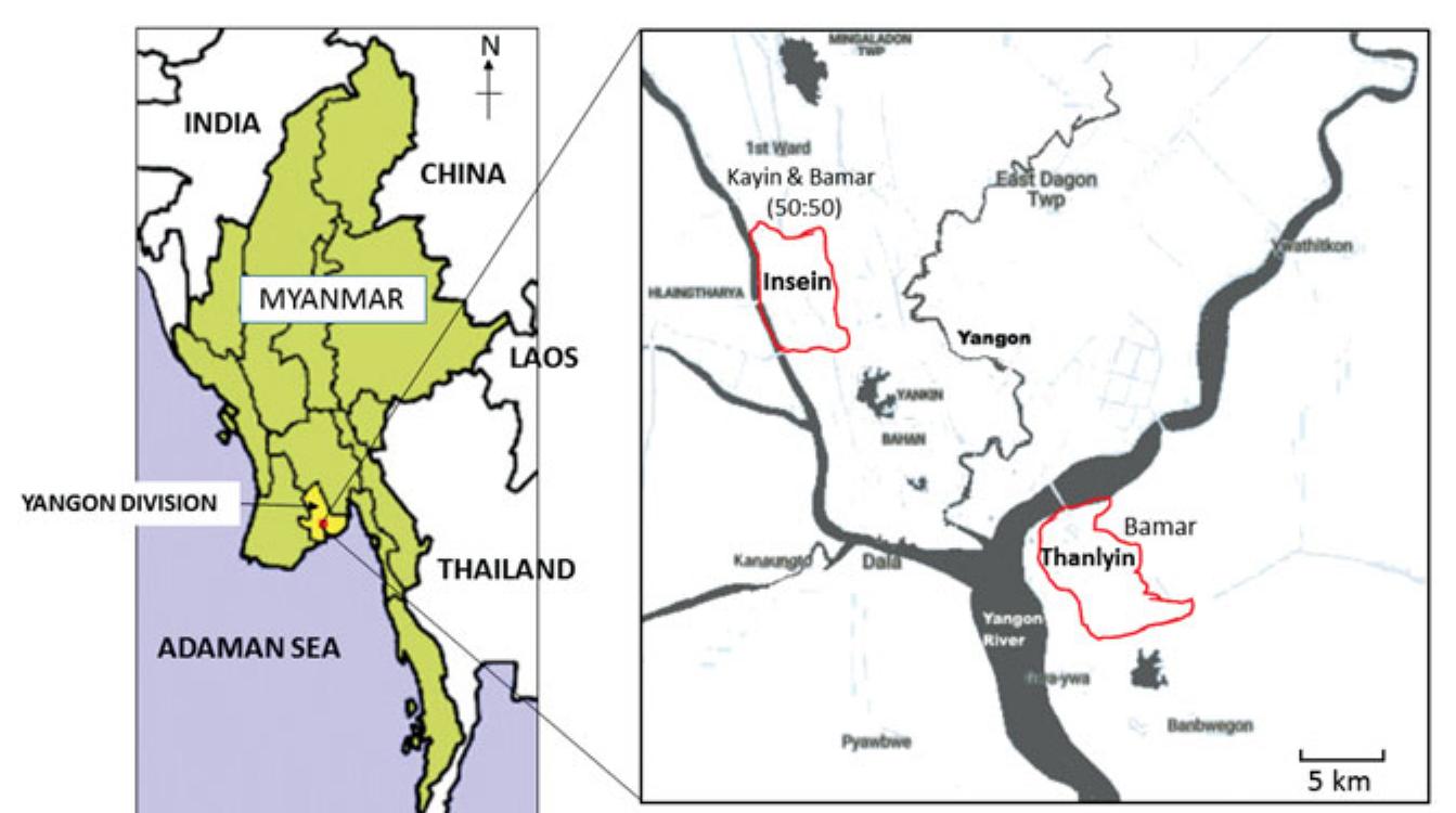 Map of insein and thanlyin townships, yangon region,