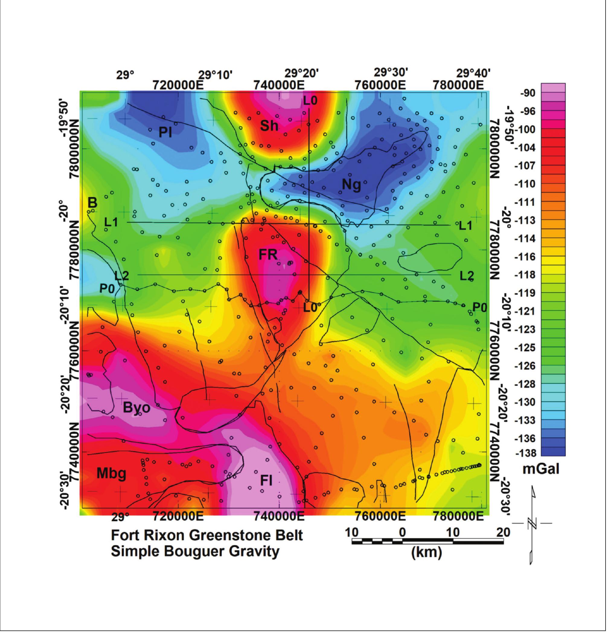 Bouguer gravity anomaly map with gravity station