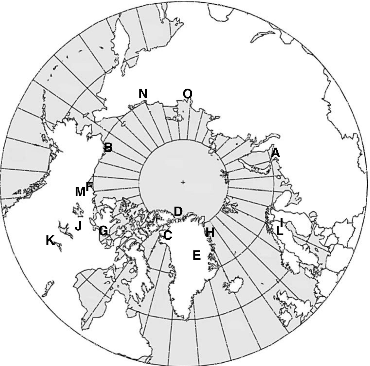 Map of the circumpolar north, showing locations noted in