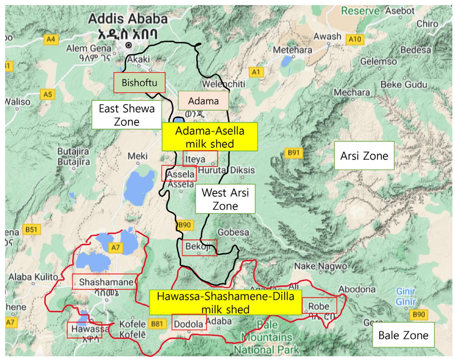 Map of the adama-asella milk shed and the