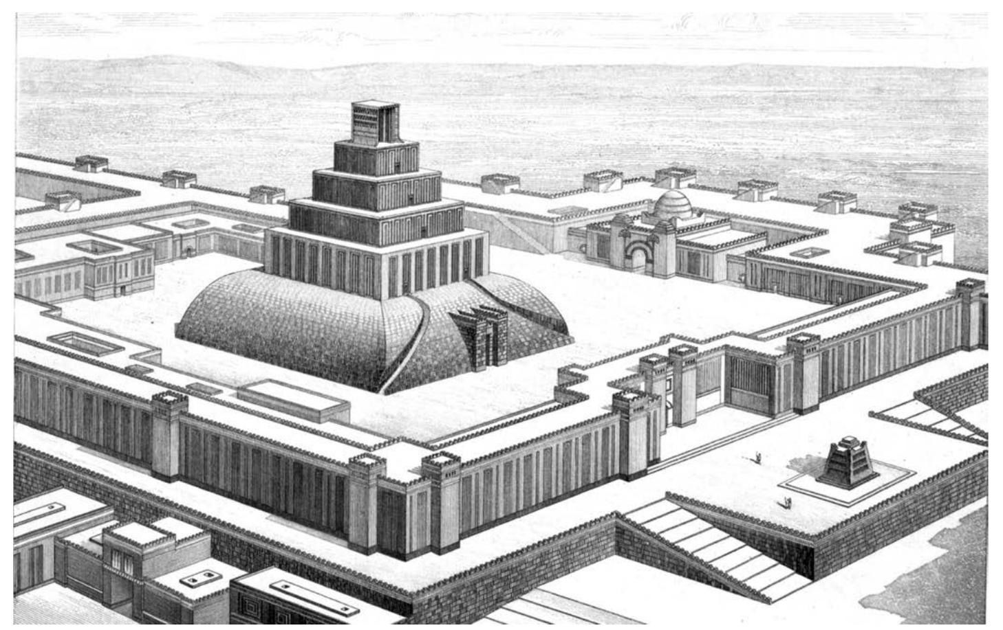 Assyrian ziggurat, reconstruction drawing of charles