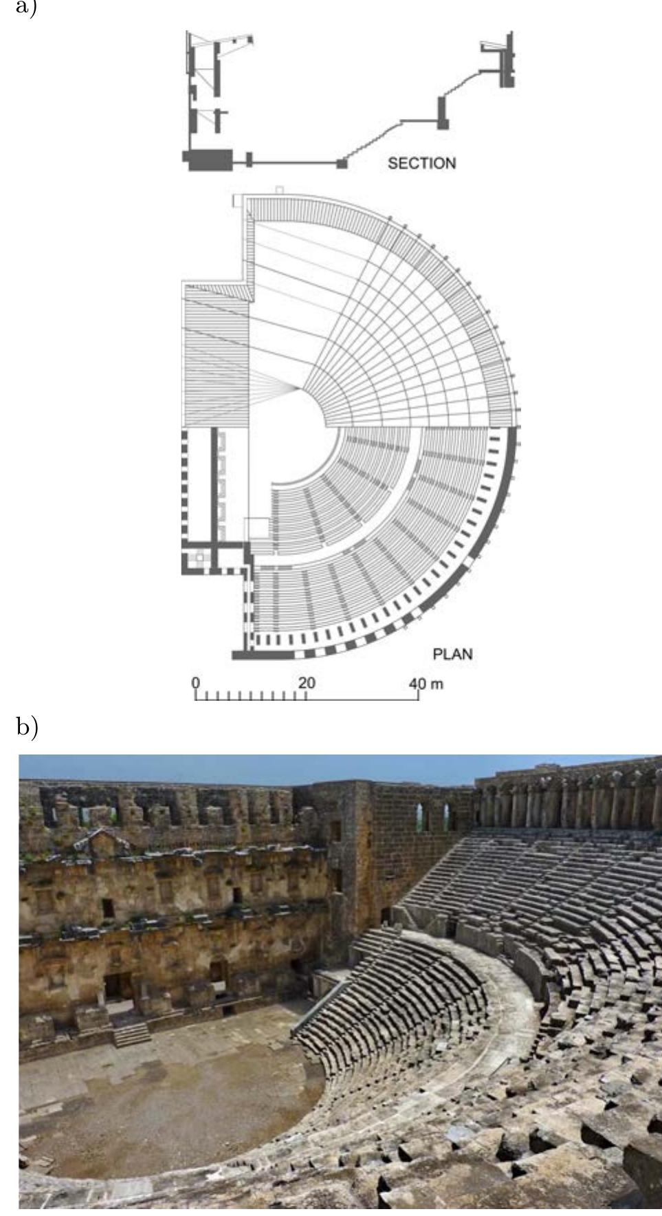 The roman theatre of aspendus: a) ground plan and section;