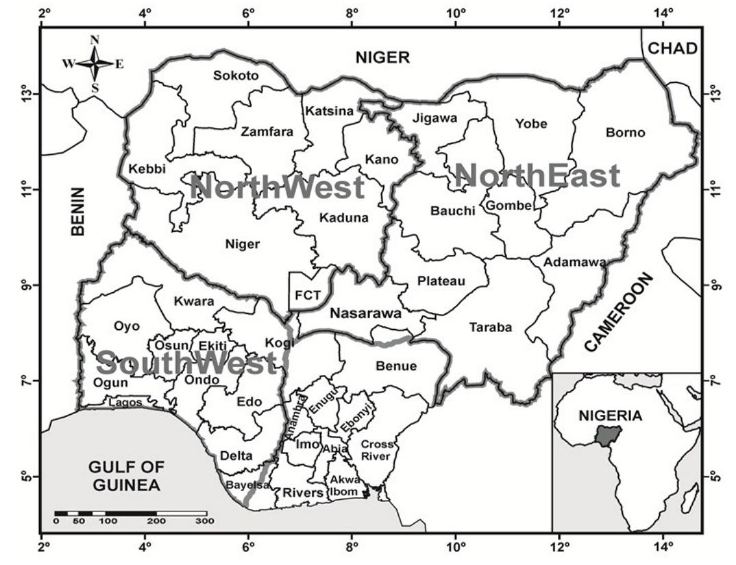 Nigerian map showing the geographical zones of sampling. ee