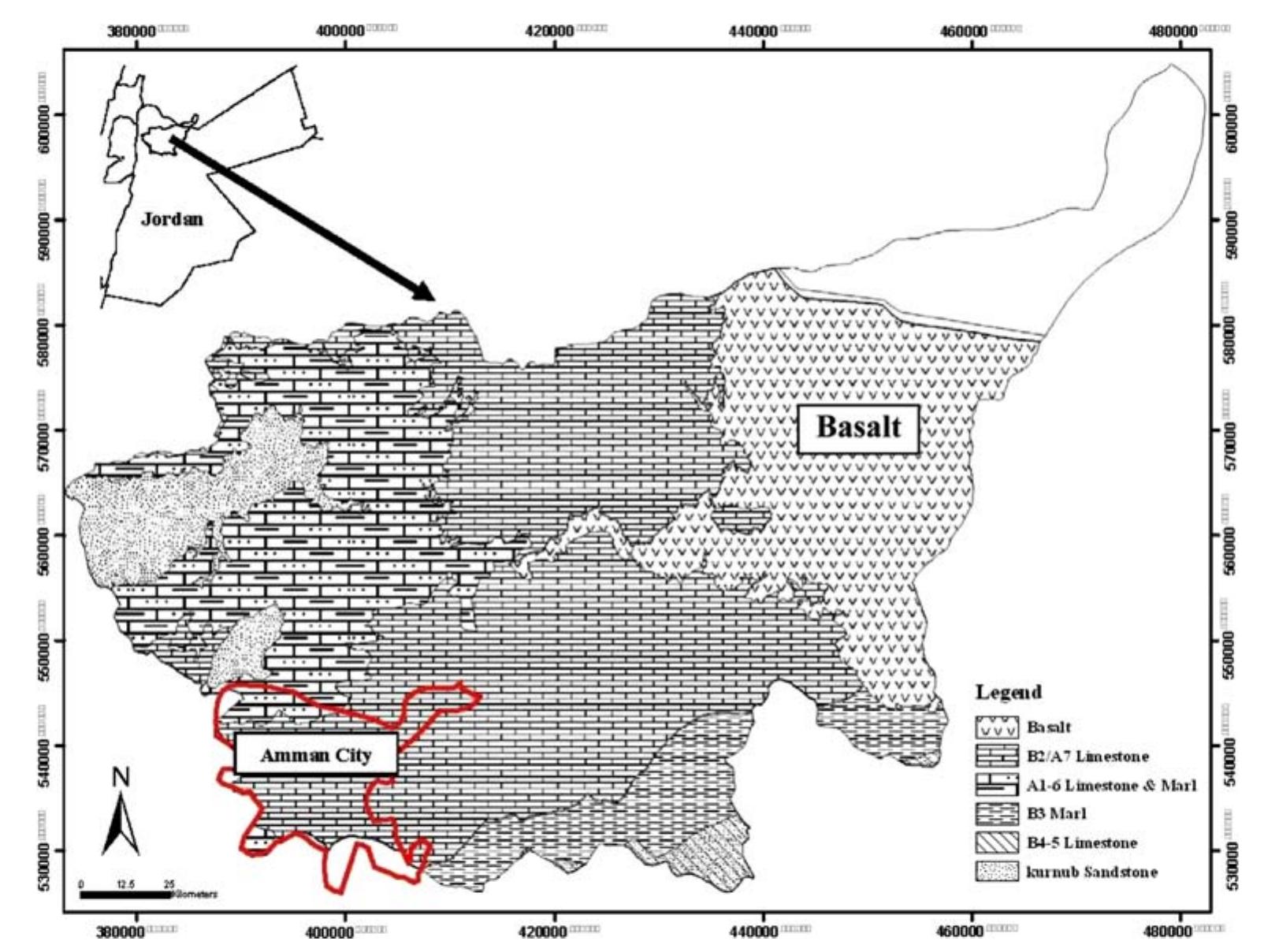 Geological map of zarga river basin. shueib formation forms