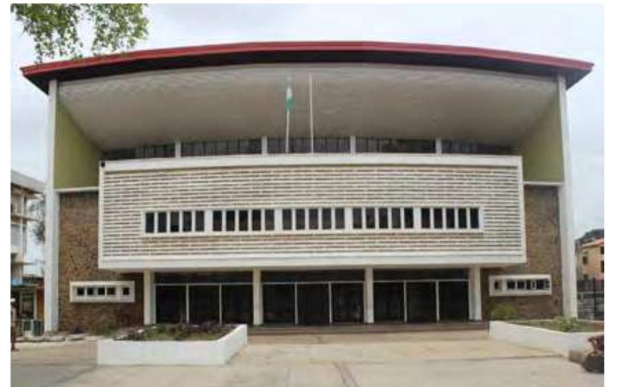 Front view of the assembly hall, named trenchard hall,