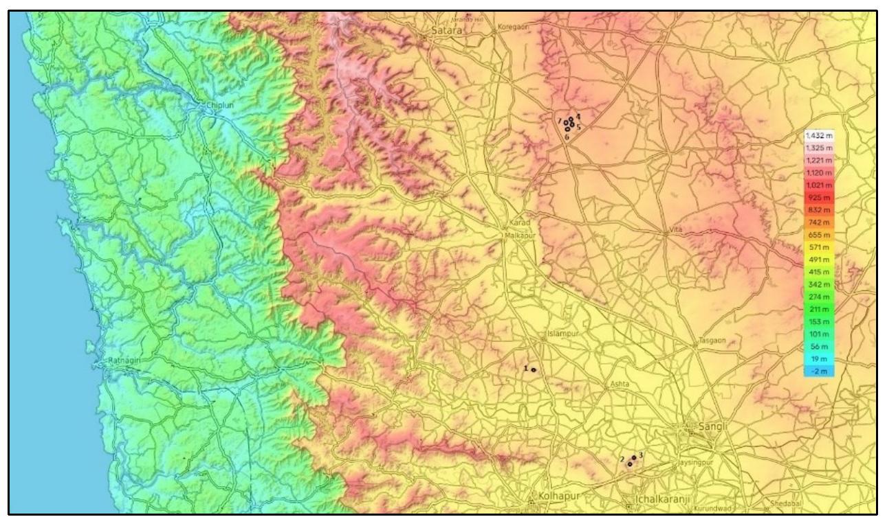 Topographic map of the seven labyrinth locations discussed