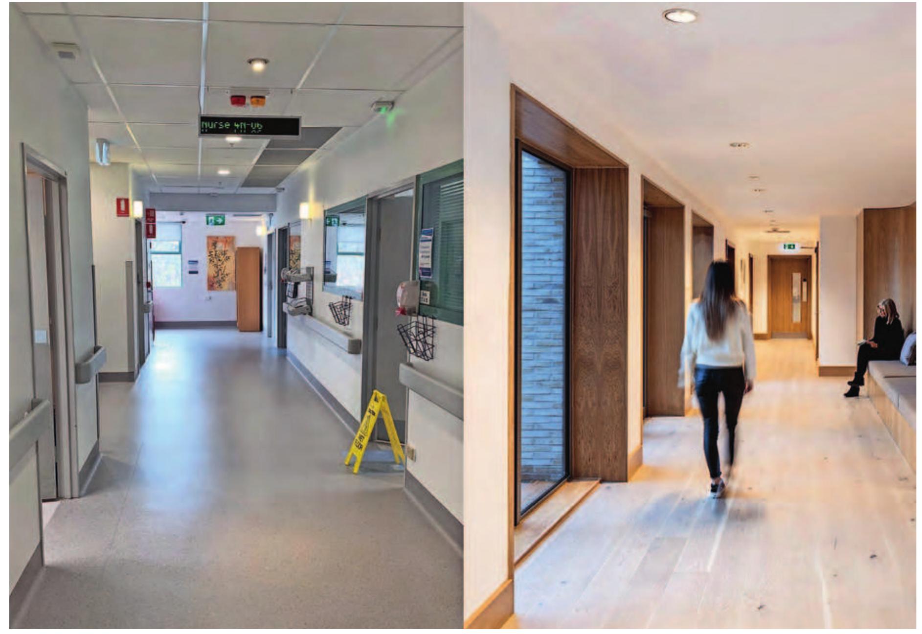 The corridor of a traditional palliative care ward (left)