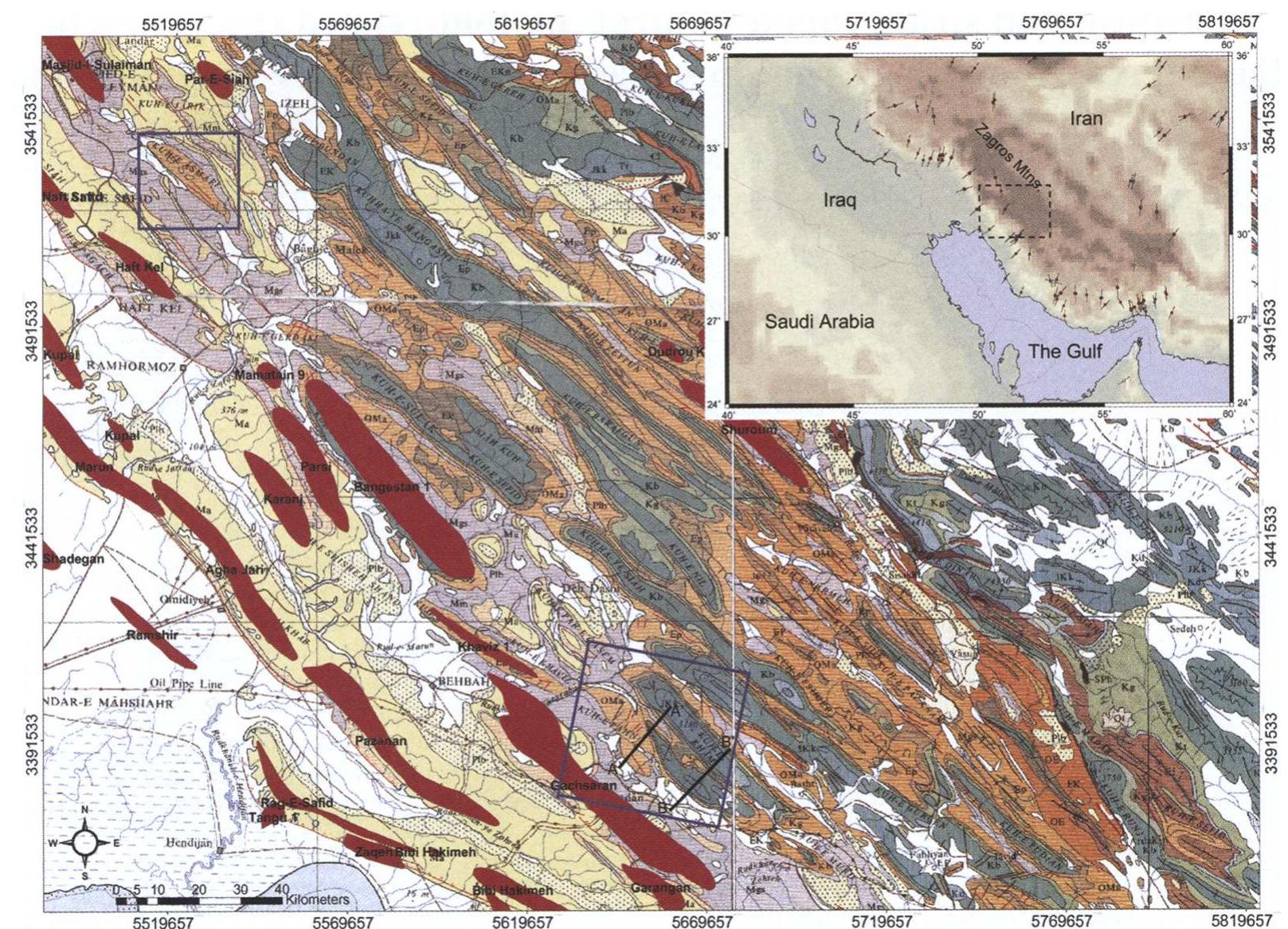 Geological map of khuzestan region in the zagros mountains