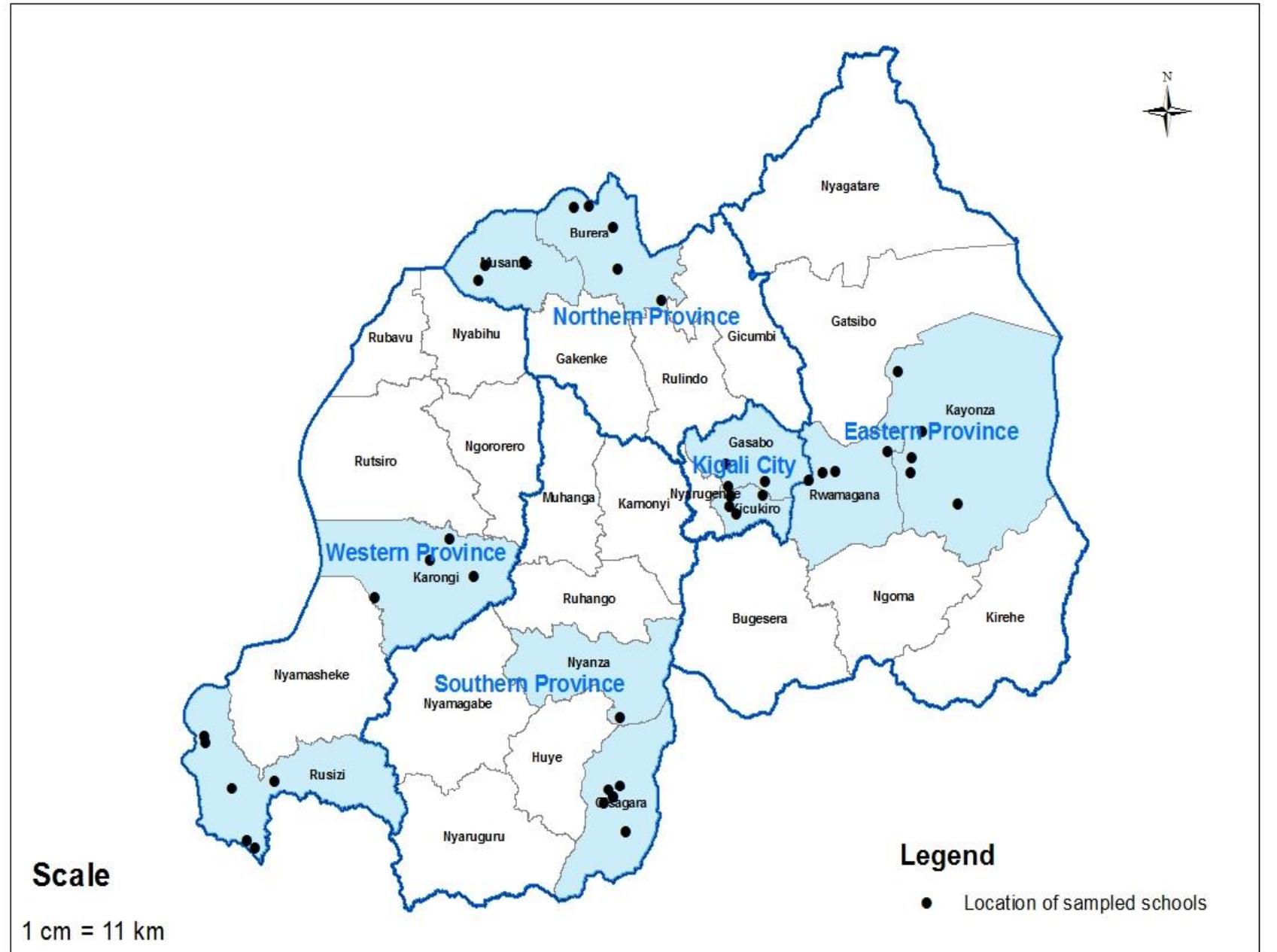 3: map of rwanda showing the location of the survey sample