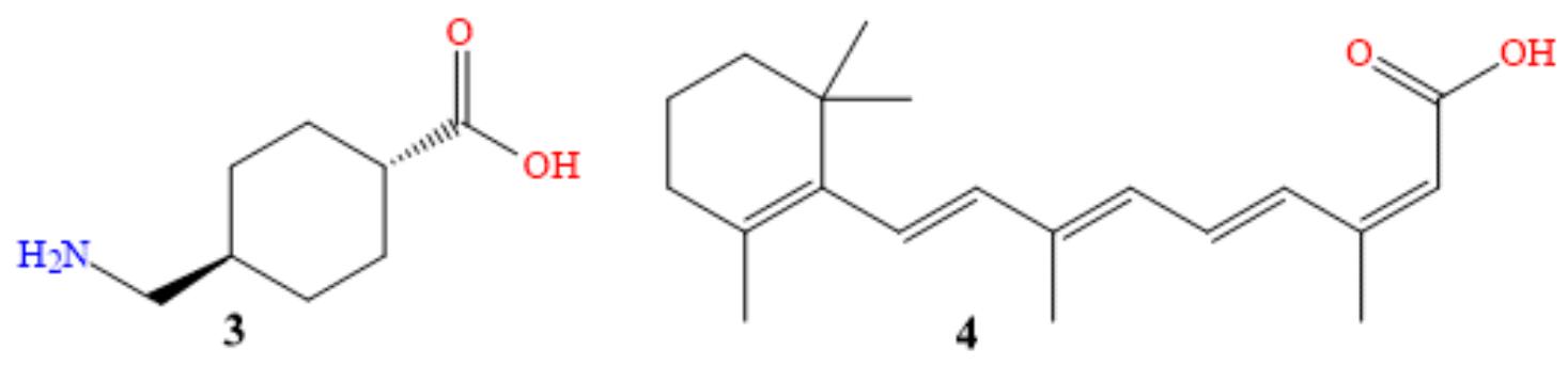 Chemical structures of tranexamic acid (3), and isotretinoin
