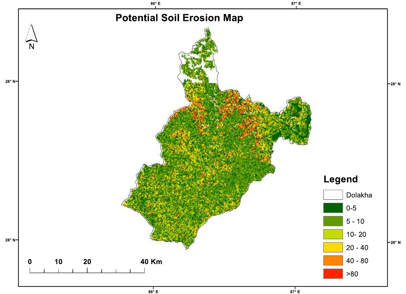Potential map of soil erosion rate of dolakha district ‘able