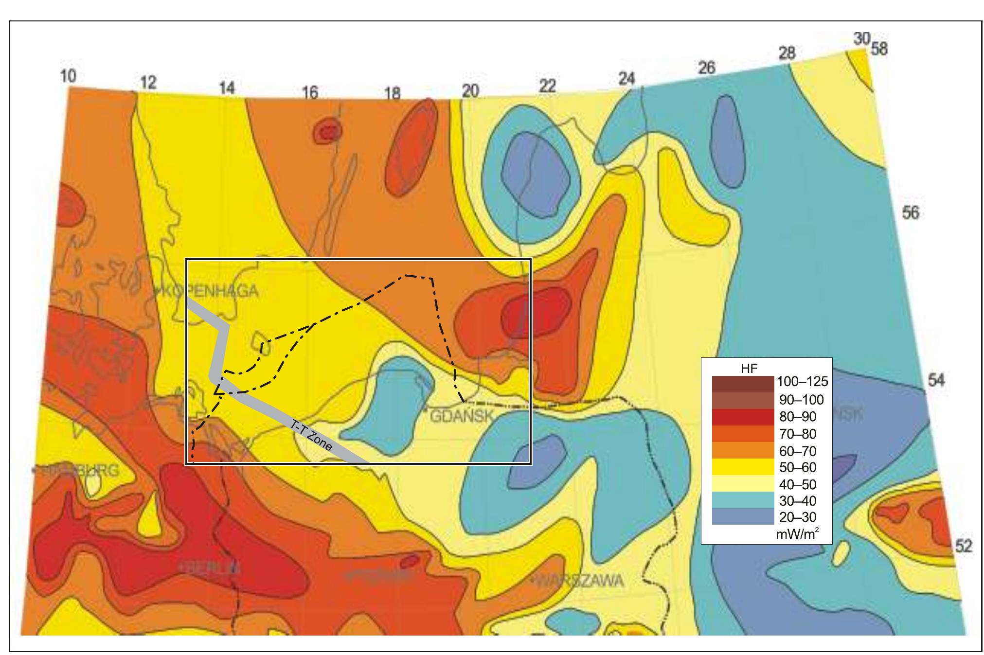 Map of the recent heat flow in the study area (rectangle)