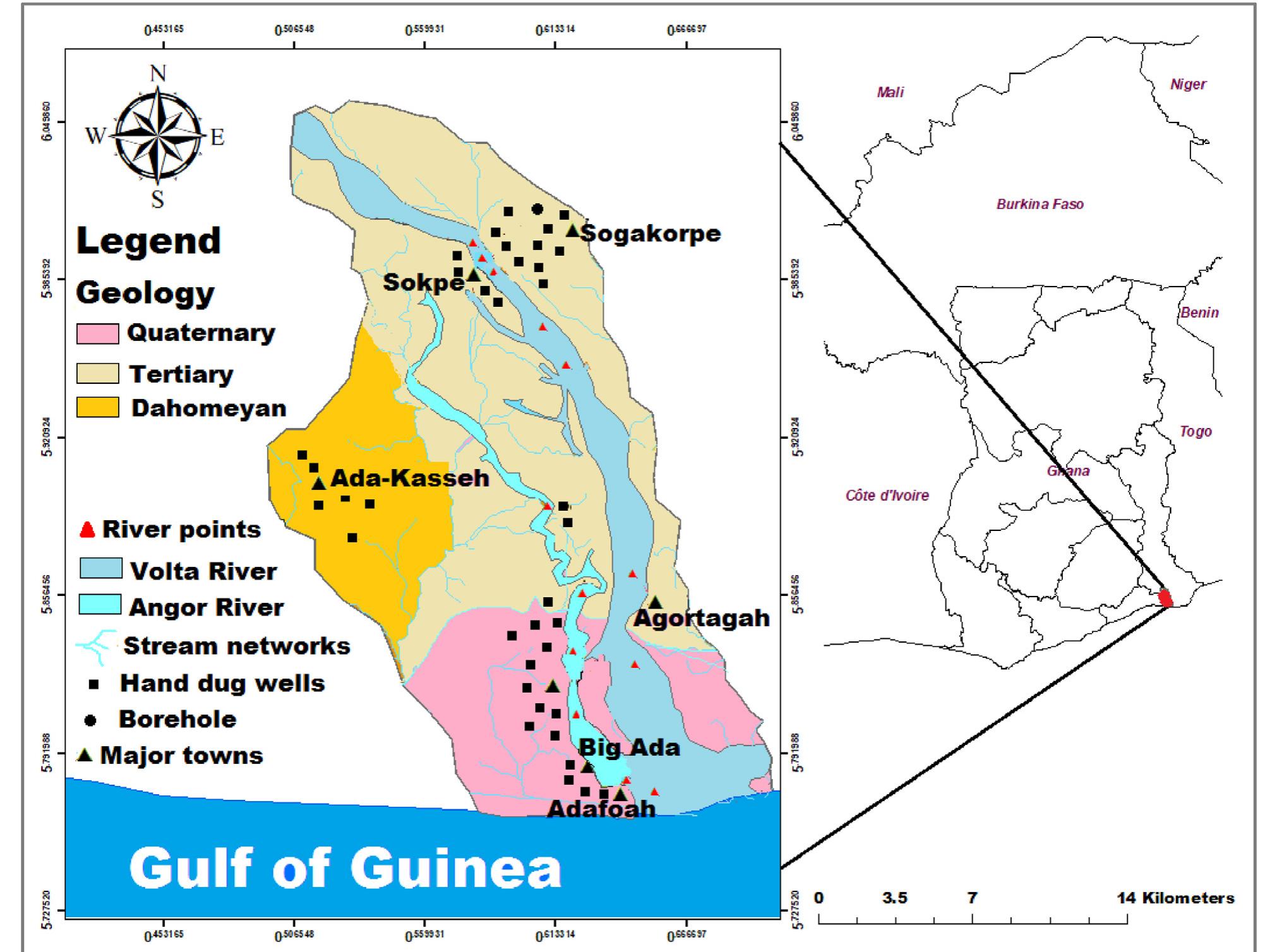 Map of study area and sampling locations and major towns.