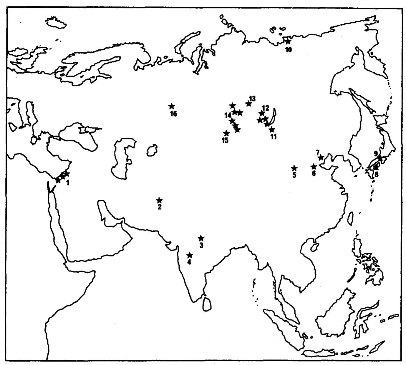 Map of asia, indicating the locations of sites with