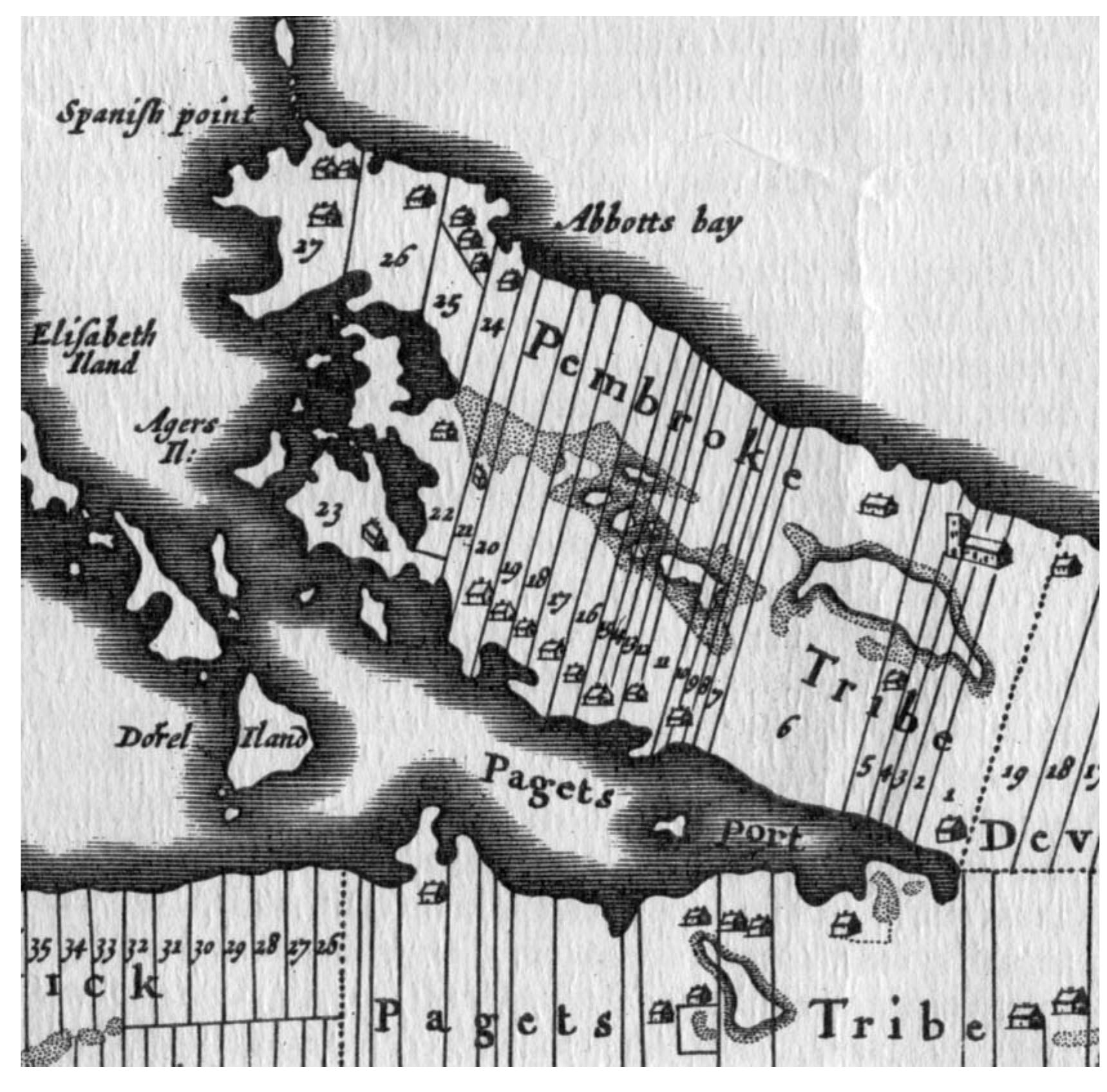 Speed’s 1626 map: detail of pembroke tribe. note the cluster