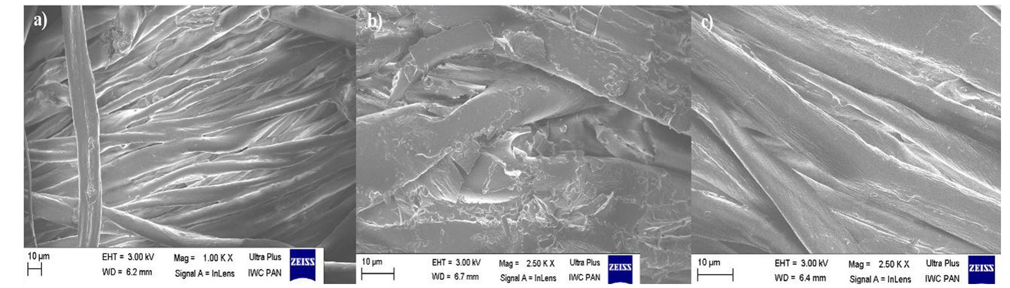 Sem image of: (a) unmodified and modified textile fabric;