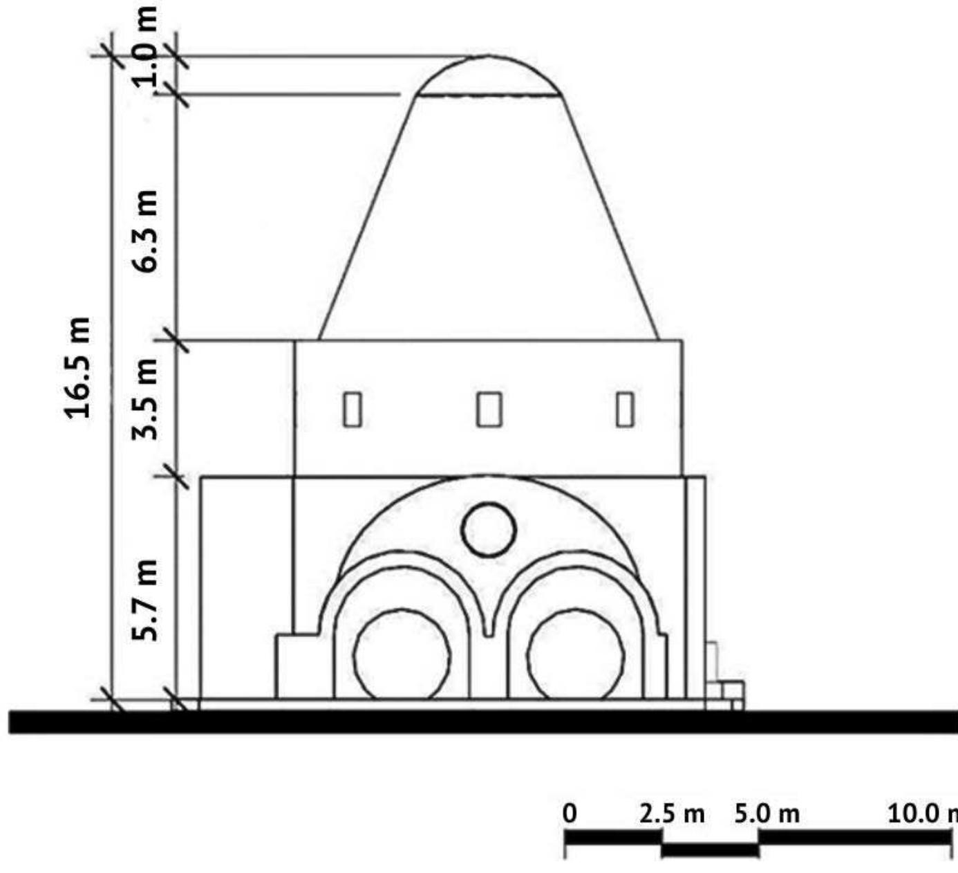South elevation, with two wooden circular main doors, other