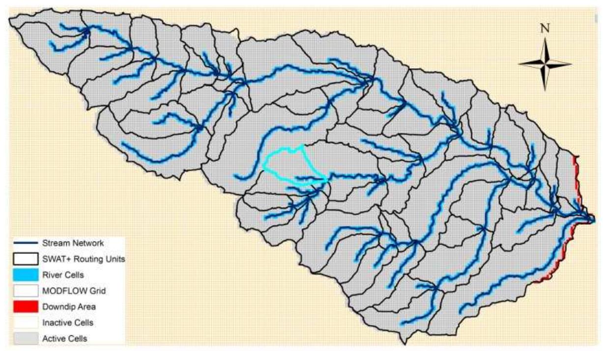 Map showing swat+ routing units, swat+ stream network, and