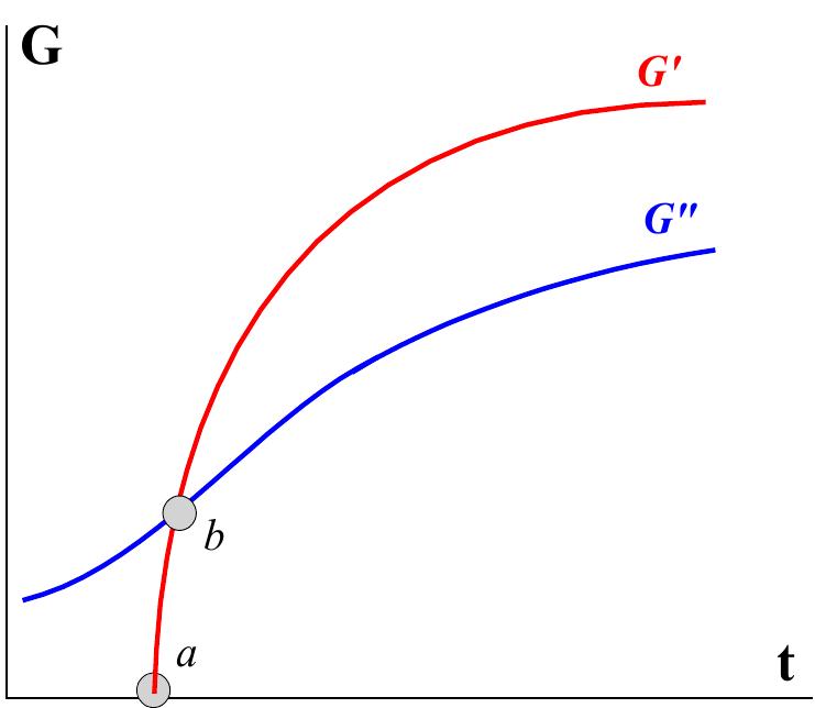 Evolution of the storage g’ and loss g” moduli in isothermal