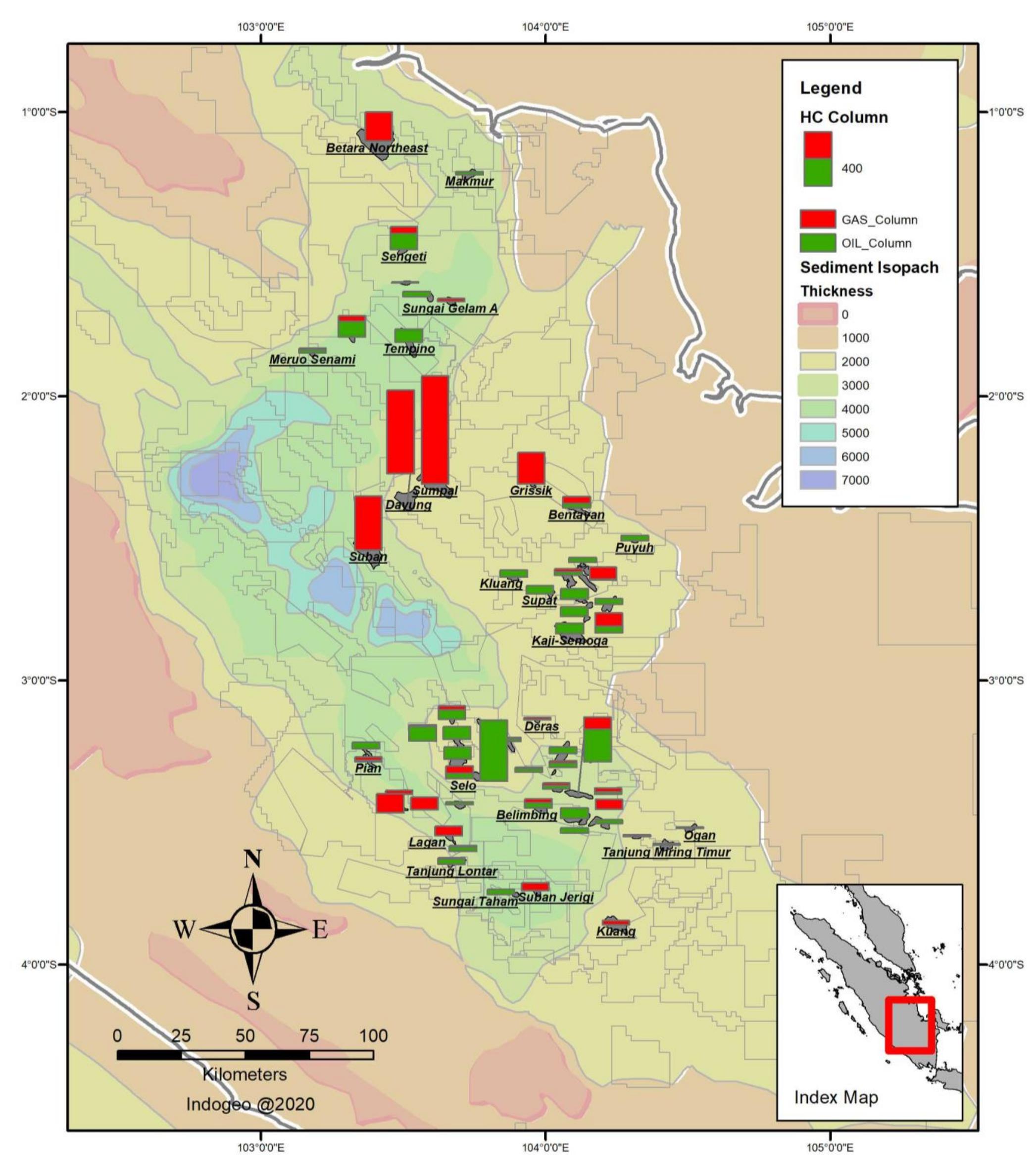 Sediment thickness map (isochore) of the south sumatra basin