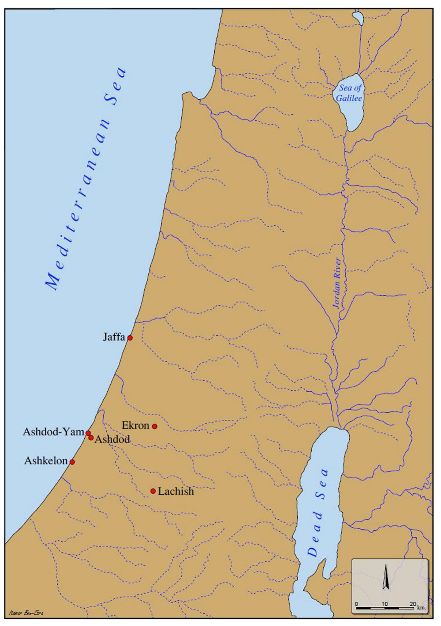 Map of the southern levant with the location of ashdod-yam