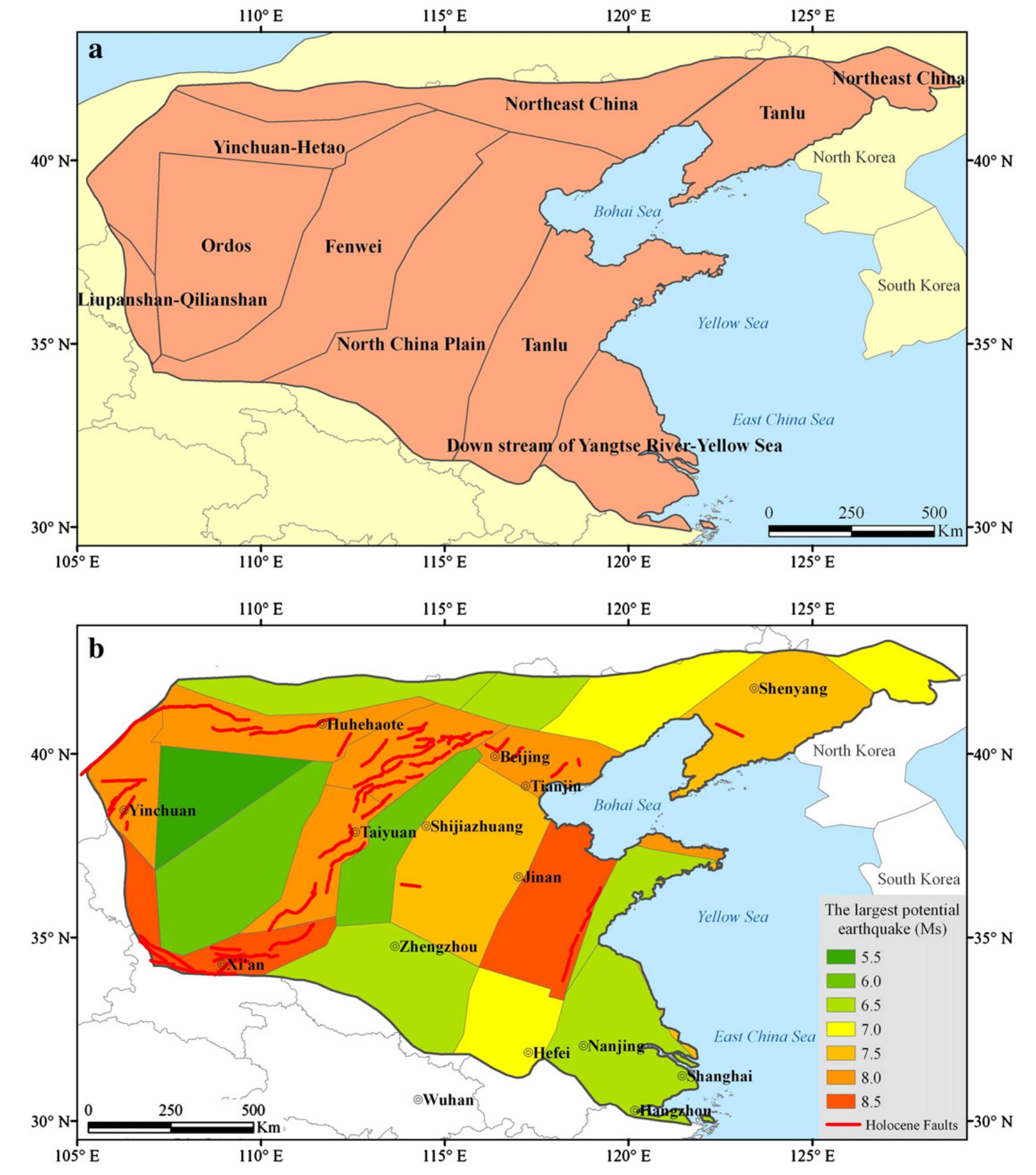 (a) zones with a constant 3 value and (b) seismo-tectonic