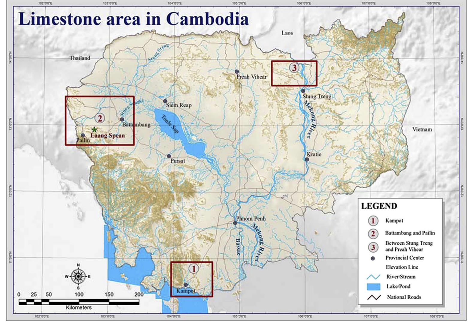 Map of the kingdom of cambodia with the location of the